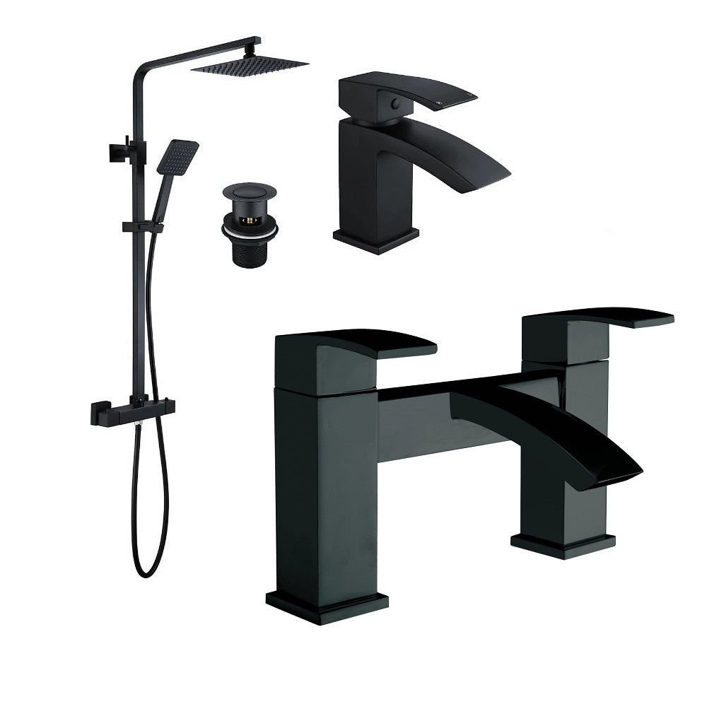 Square Black Thermostatic Overhead Shower Kit & Basin & Bath Filler Ta ...
